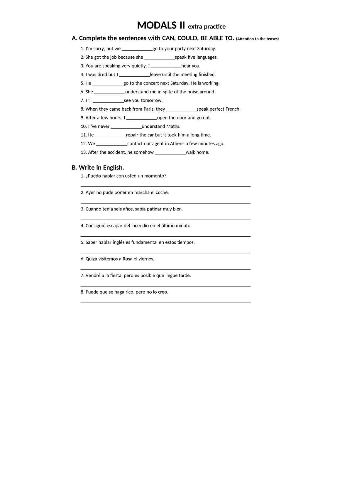 Modals II Extra Practice for 1º BACH Students - Studocu