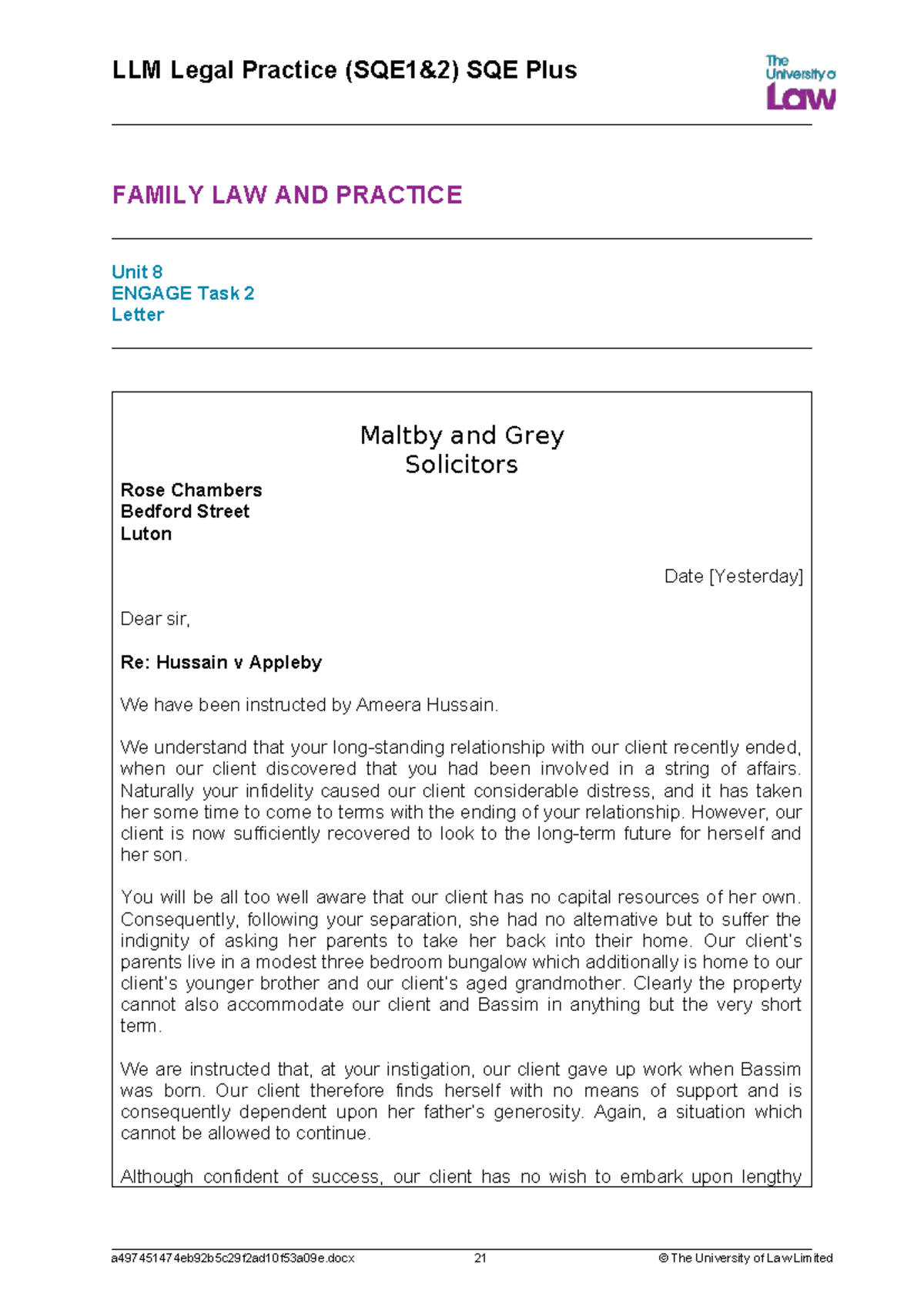 2425 SQE Plus Family Law Unit 8 Engage Task 2 Letter - Studocu