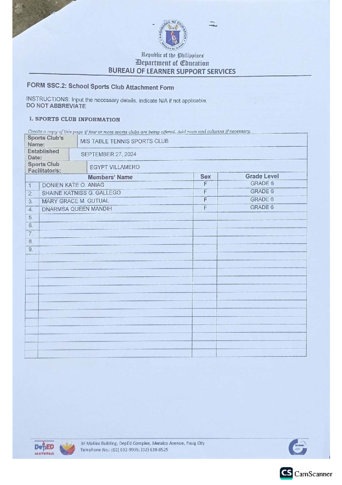 SSC.2 School Sports Club Attachment Form - Sports Club Info - Studocu