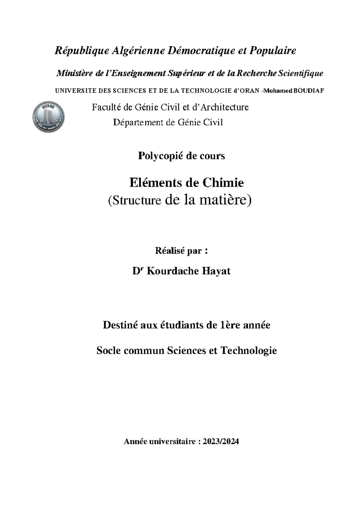 Cours de Chimie: Structure de la Matière - EC HK - Studocu