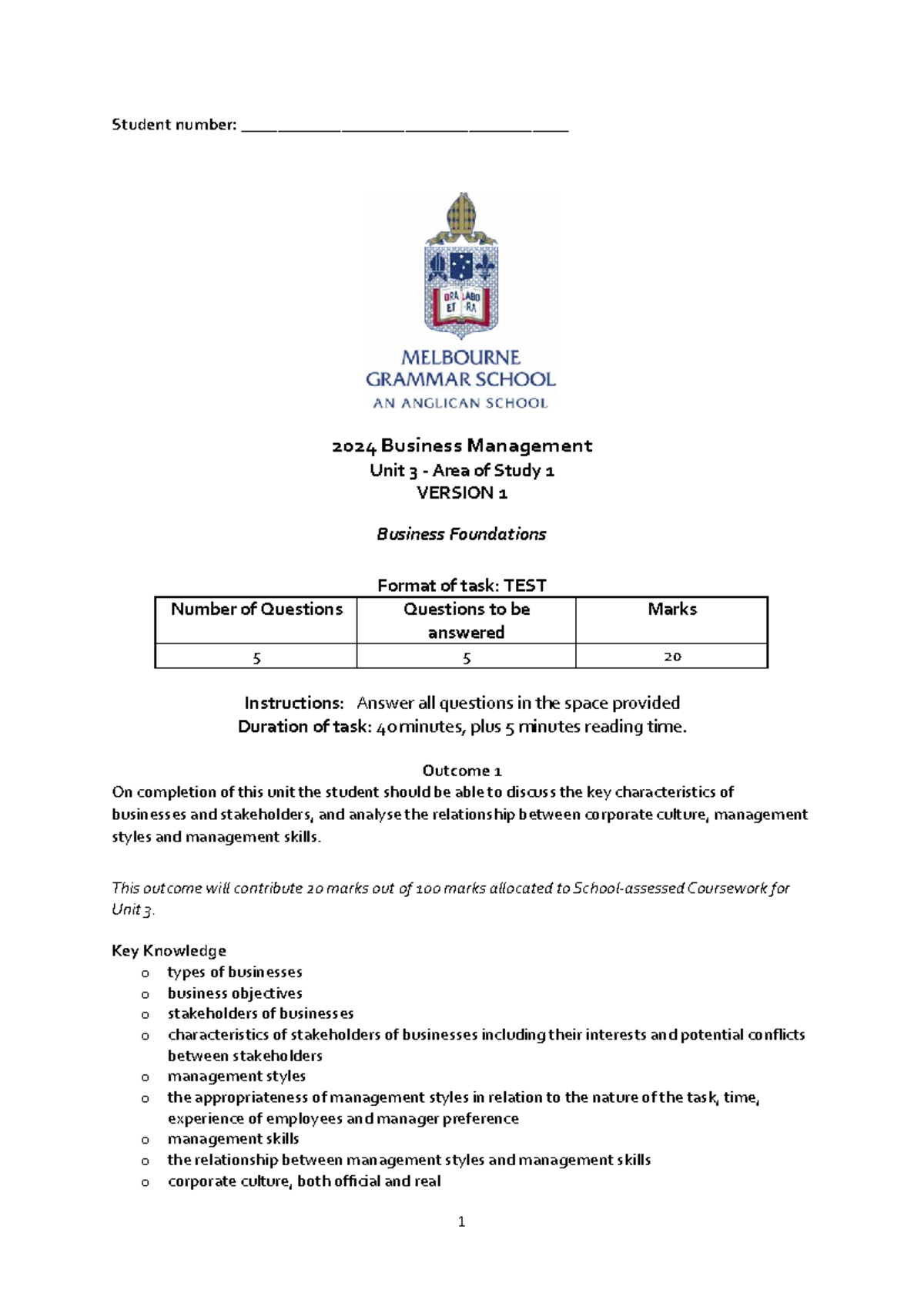 Unit 3 area of study 1 SAC - Student number ...