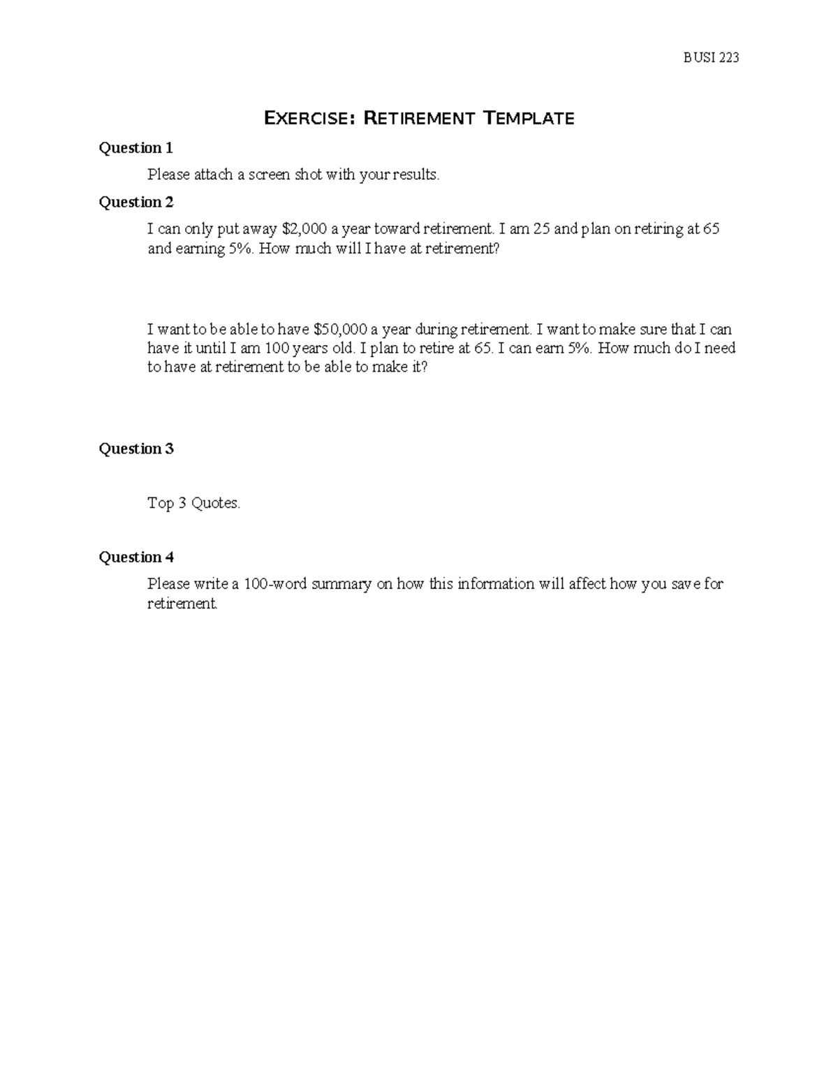 BUSI 223 Retirement Planning Exercise Template and Summary - Studocu