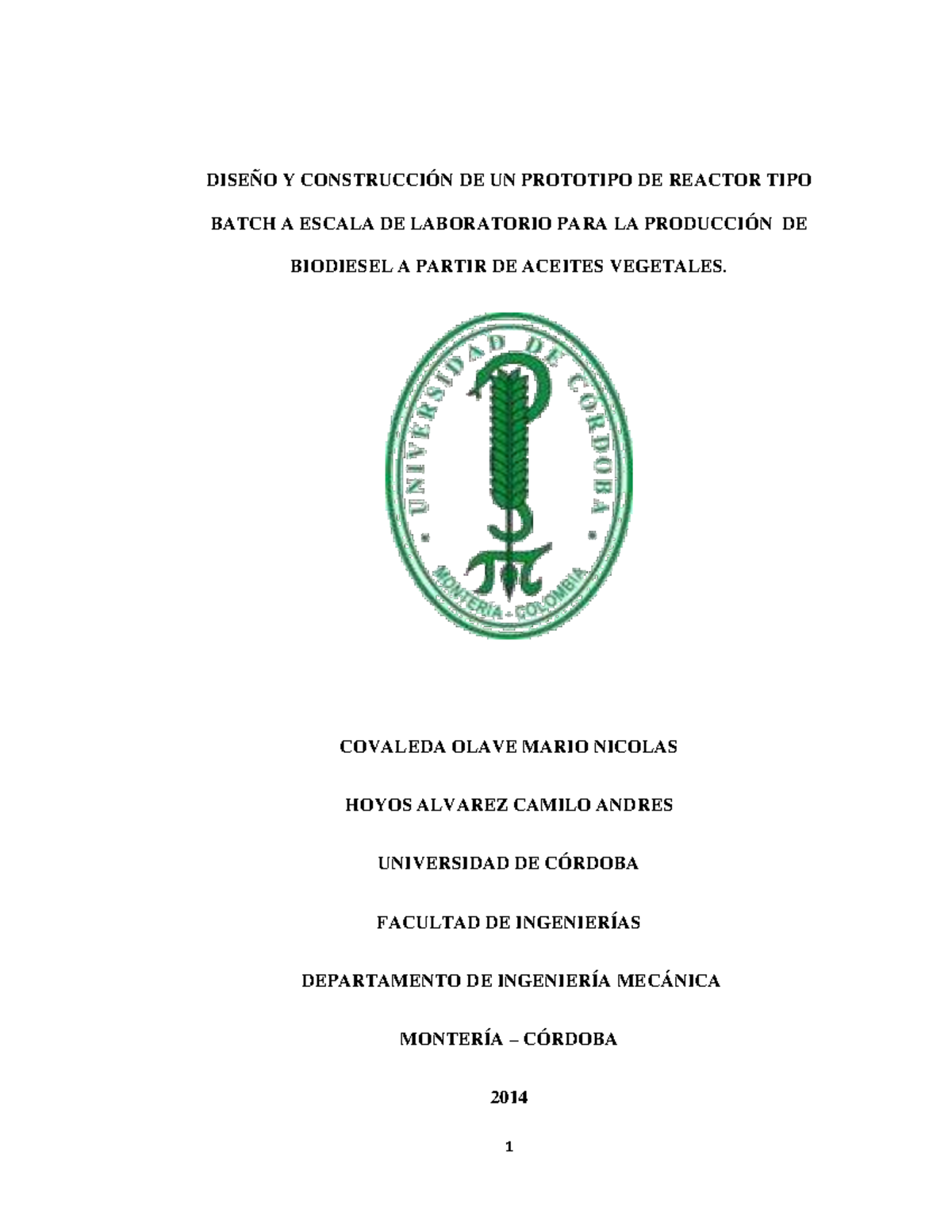 Diseño y Construcción de Reactor Batch para Producción de Biodiesel ...