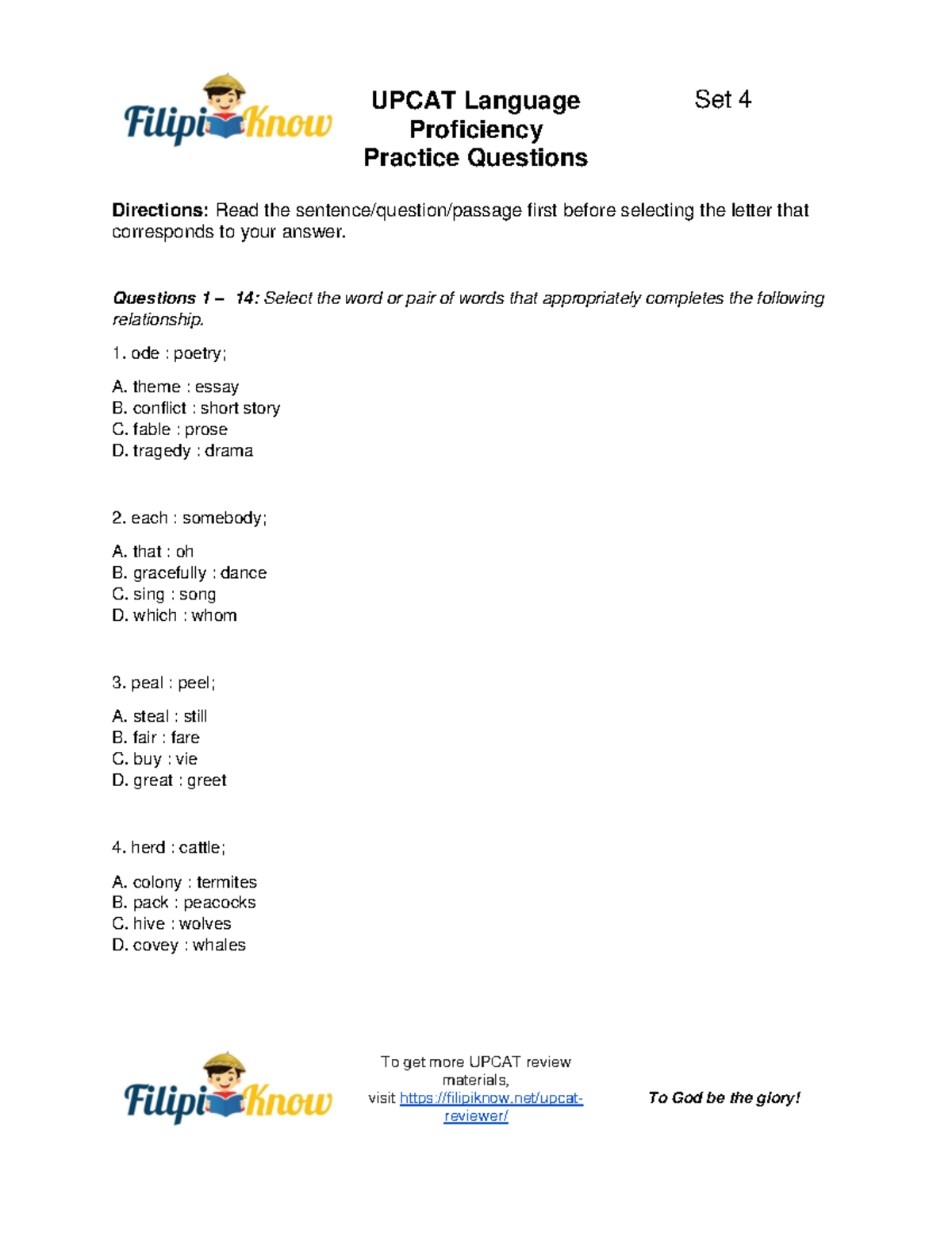 UPCAT Language Proficiency Practice Questions - SET 4 Review - Studocu