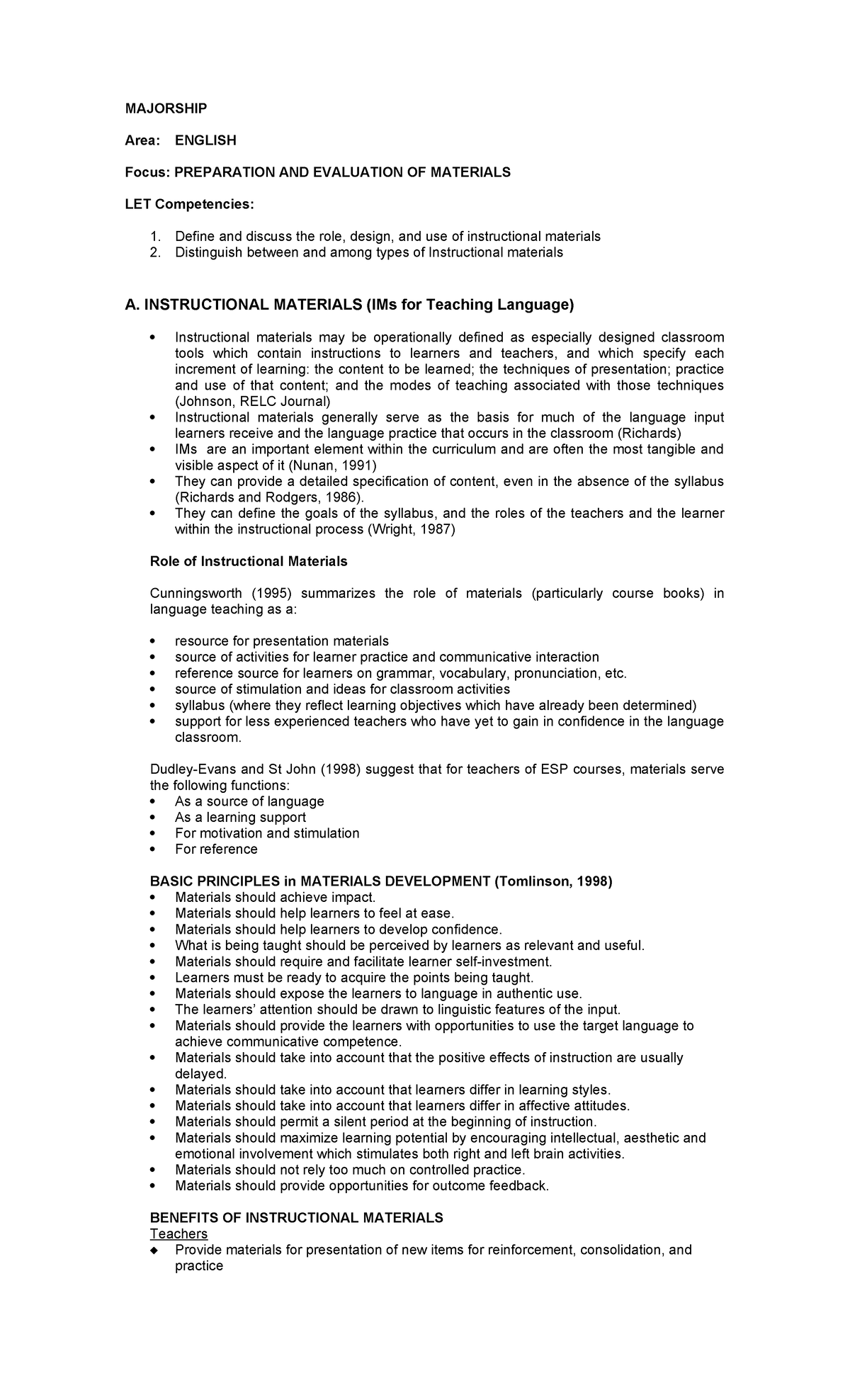 Preparation and Evaluation of Instructional Materials (IM) in English ...