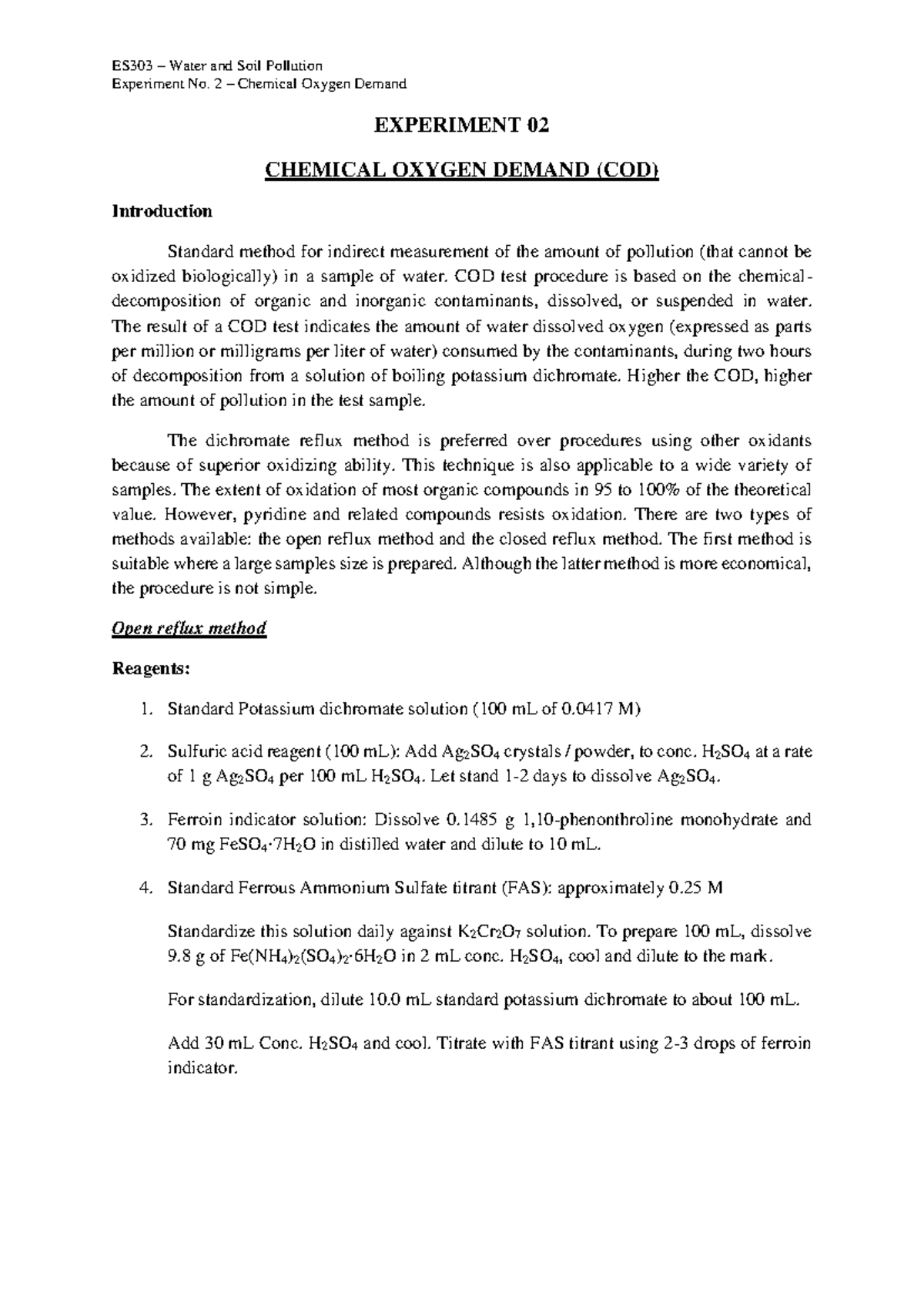 ES303 - Practical 2 - Chemical Oxygen Demand (COD) Experiment - Studocu