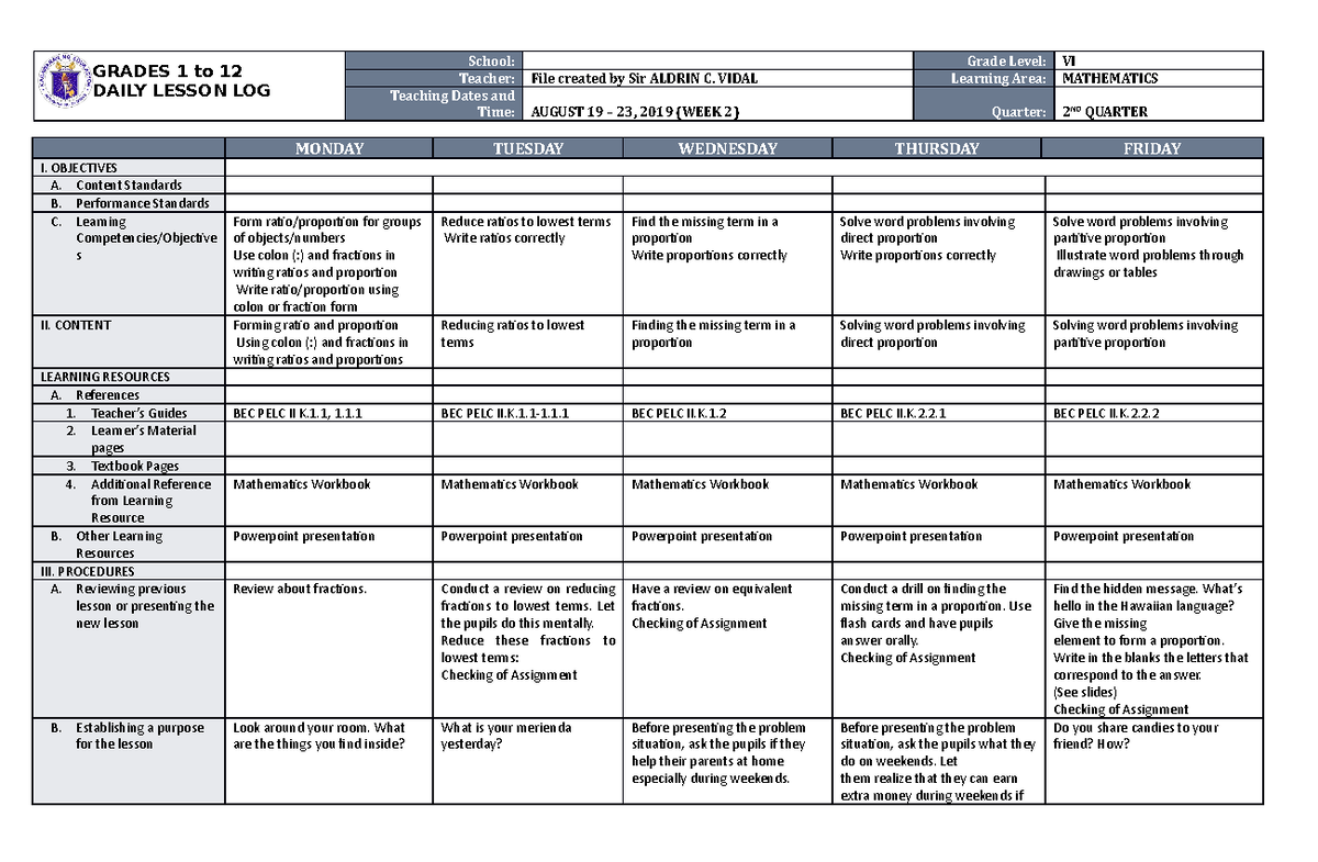 DLL Mathematics 6 Q2 W2 - Weekly Lesson Plan on Ratios & Proportions ...