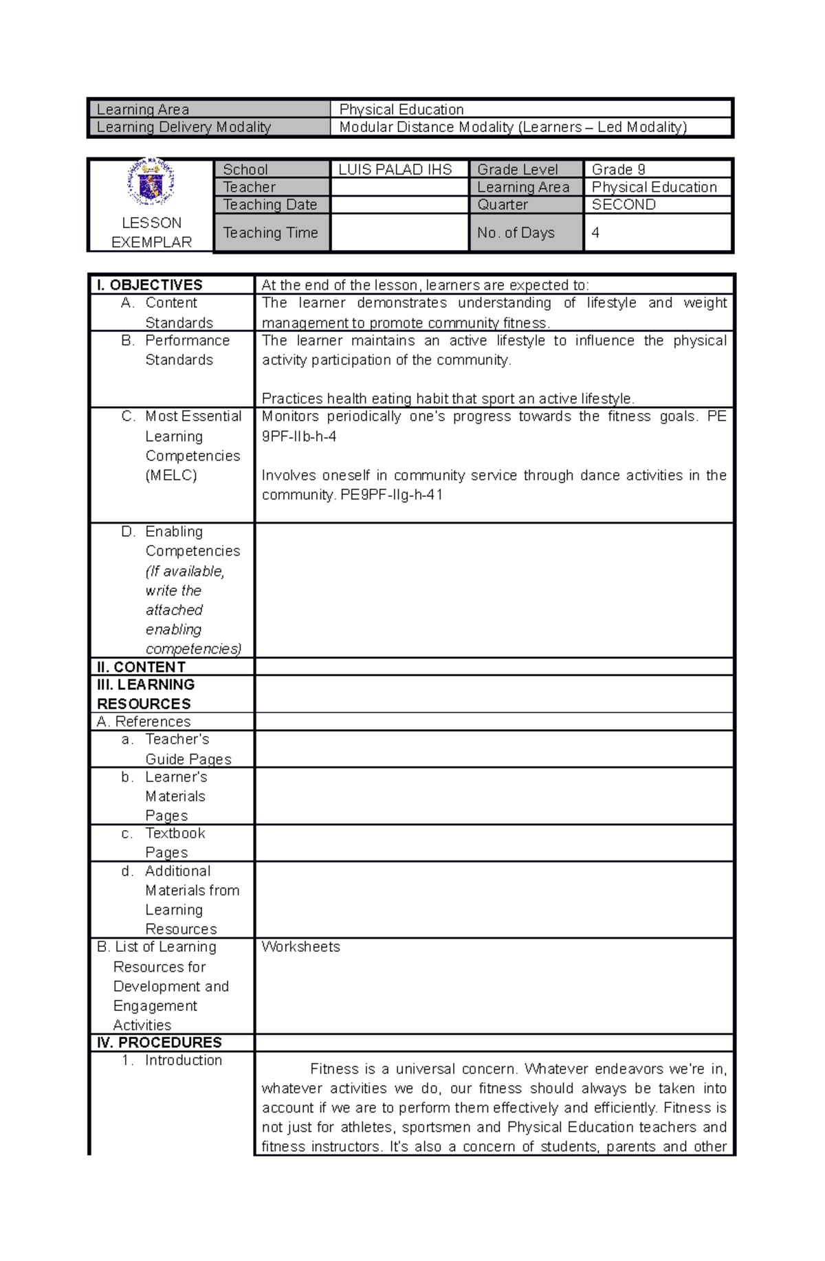 Q2 LE G9 PE W2 - Comprehensive Detailed Lesson Plan for PE - Studocu