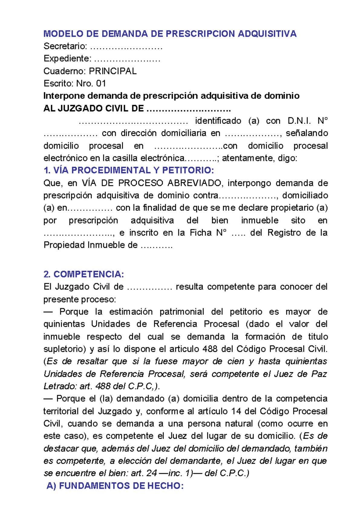 Modelo de Demanda de Prescripción Adquisitiva de Dominio - 670827561 ...