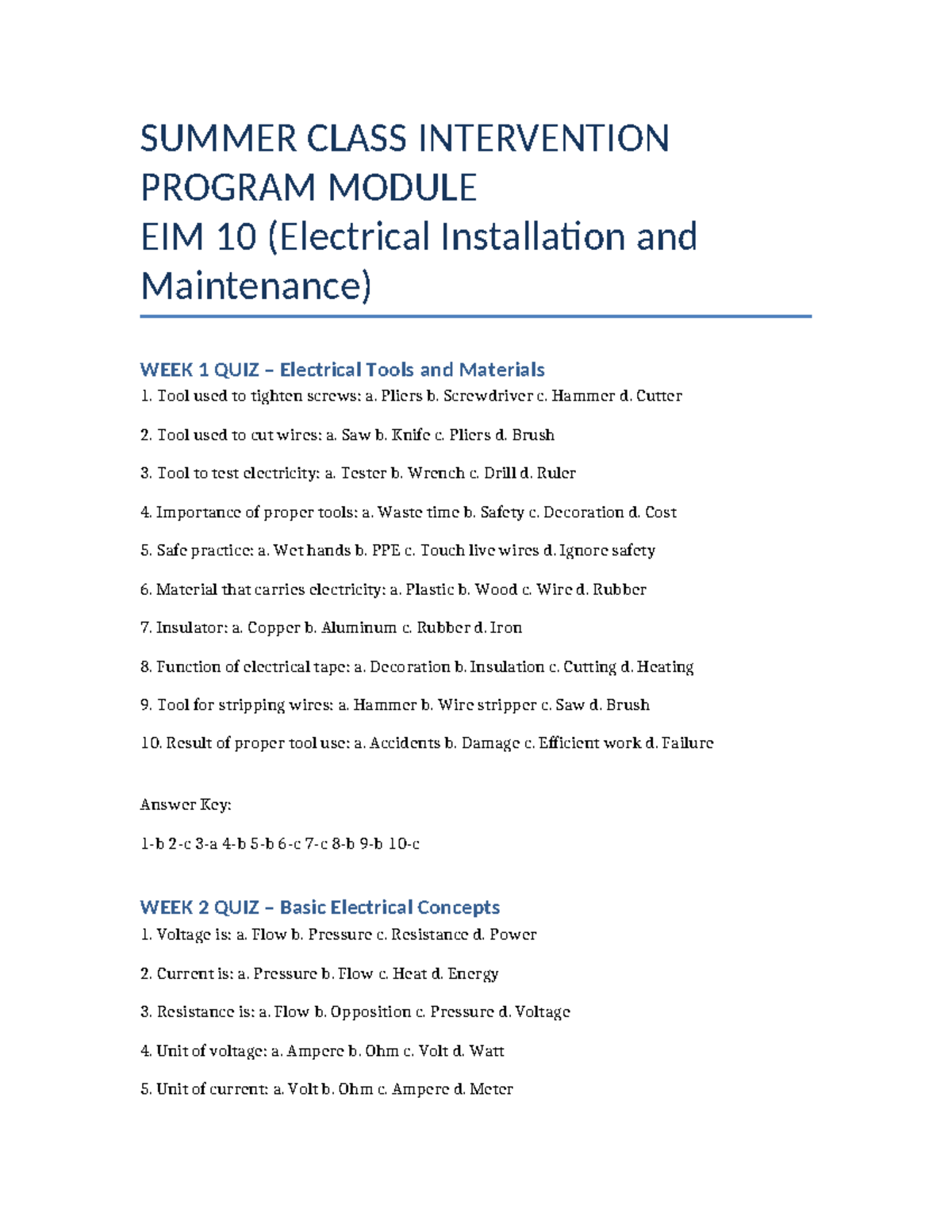 EIM 10 Summer Class Intervention Module: Weekly Quiz Series - Studocu
