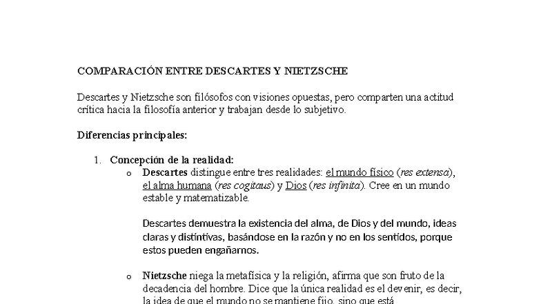 Comparación entre Descartes y Nietzsche: Filosofía y Realidad - Studocu