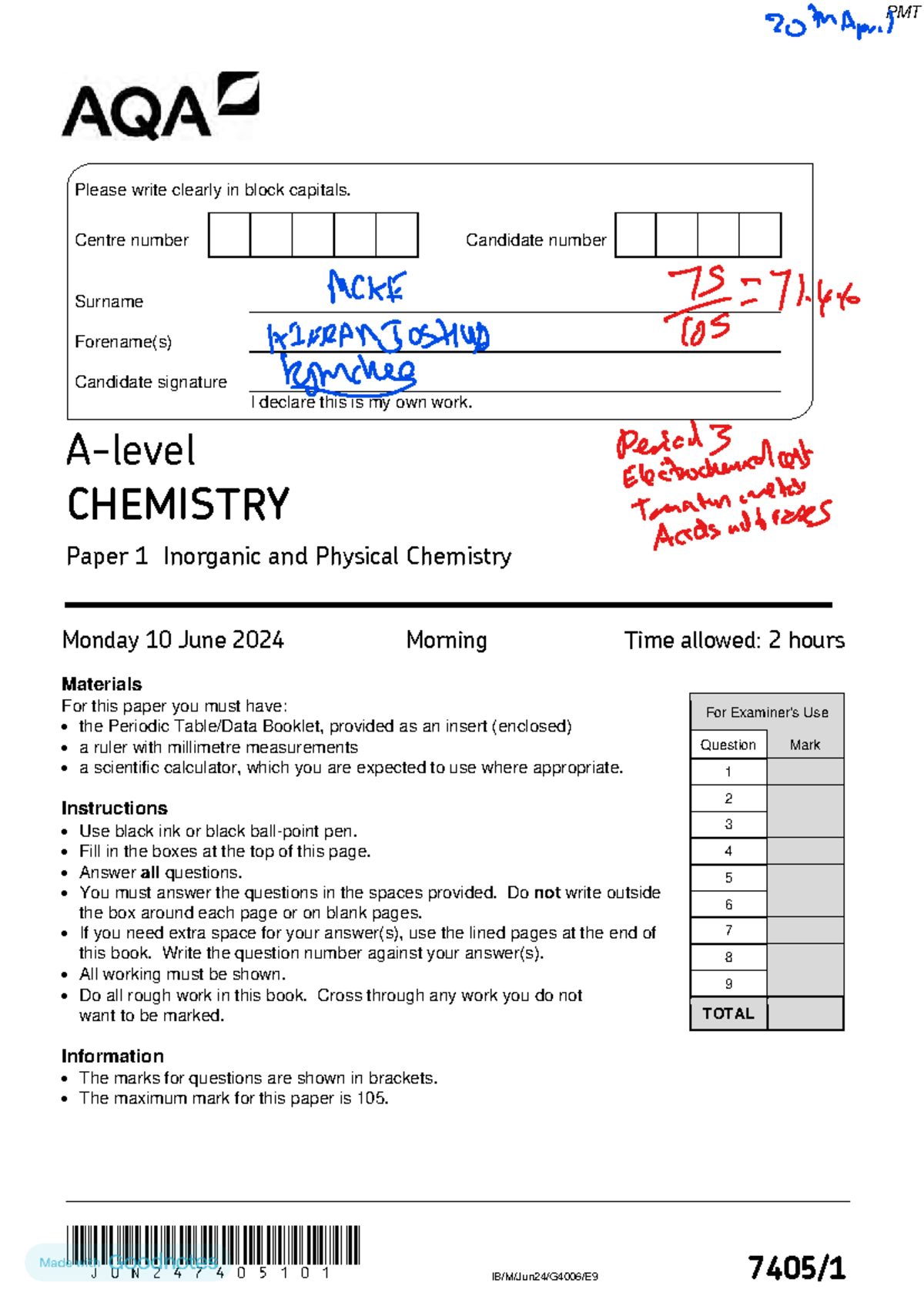 June 2024 A Level Chemistry Paper 1: Inorganic & Physical Chemistry ...