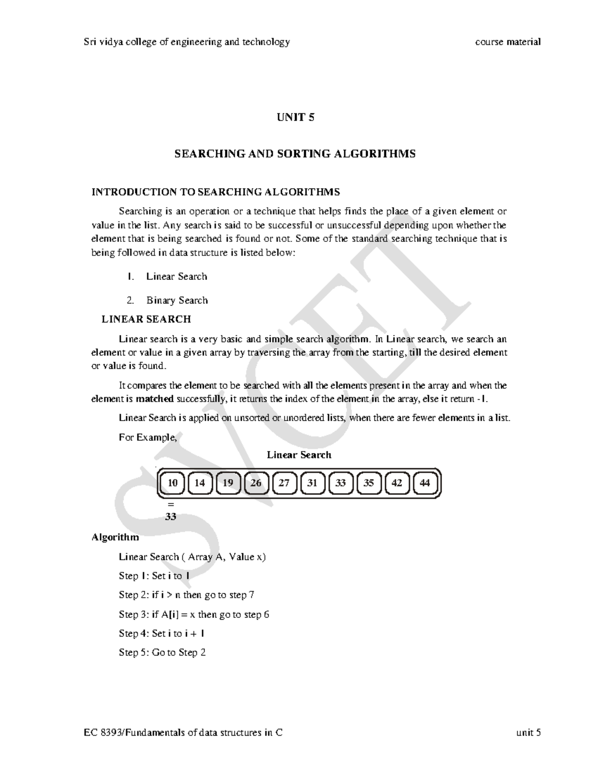 EC of Data Structures in C: Unit 5 - Searching & Sorting Algorithms - Studocu