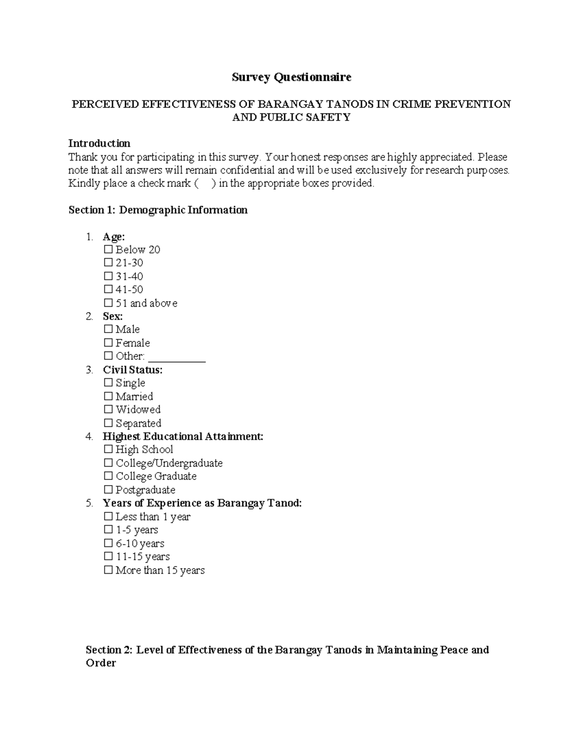 Survey Questionnaire on Barangay Tanods' Effectiveness in Crime ...