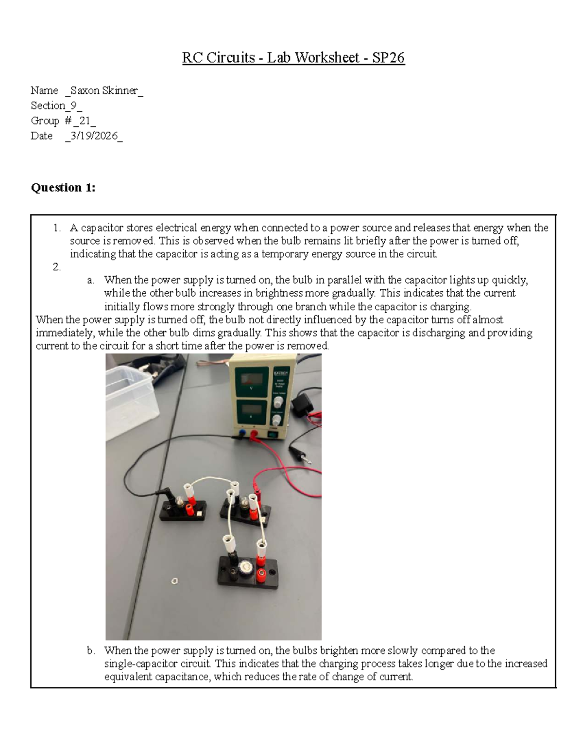 RC Circuits Lab Worksheet SP26: Capacitor Behavior Analysis - Studocu