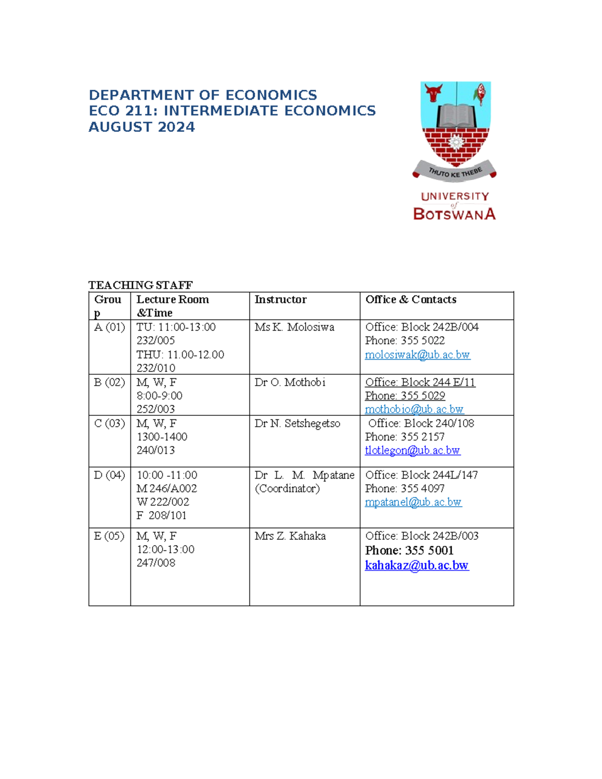 ECO 211 Course Outline: Intermediate Economics - Semester 1, 2024 - Studocu