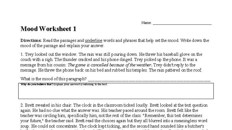 Mood Worksheet - Analyzing Mood in Text Passages - Studocu