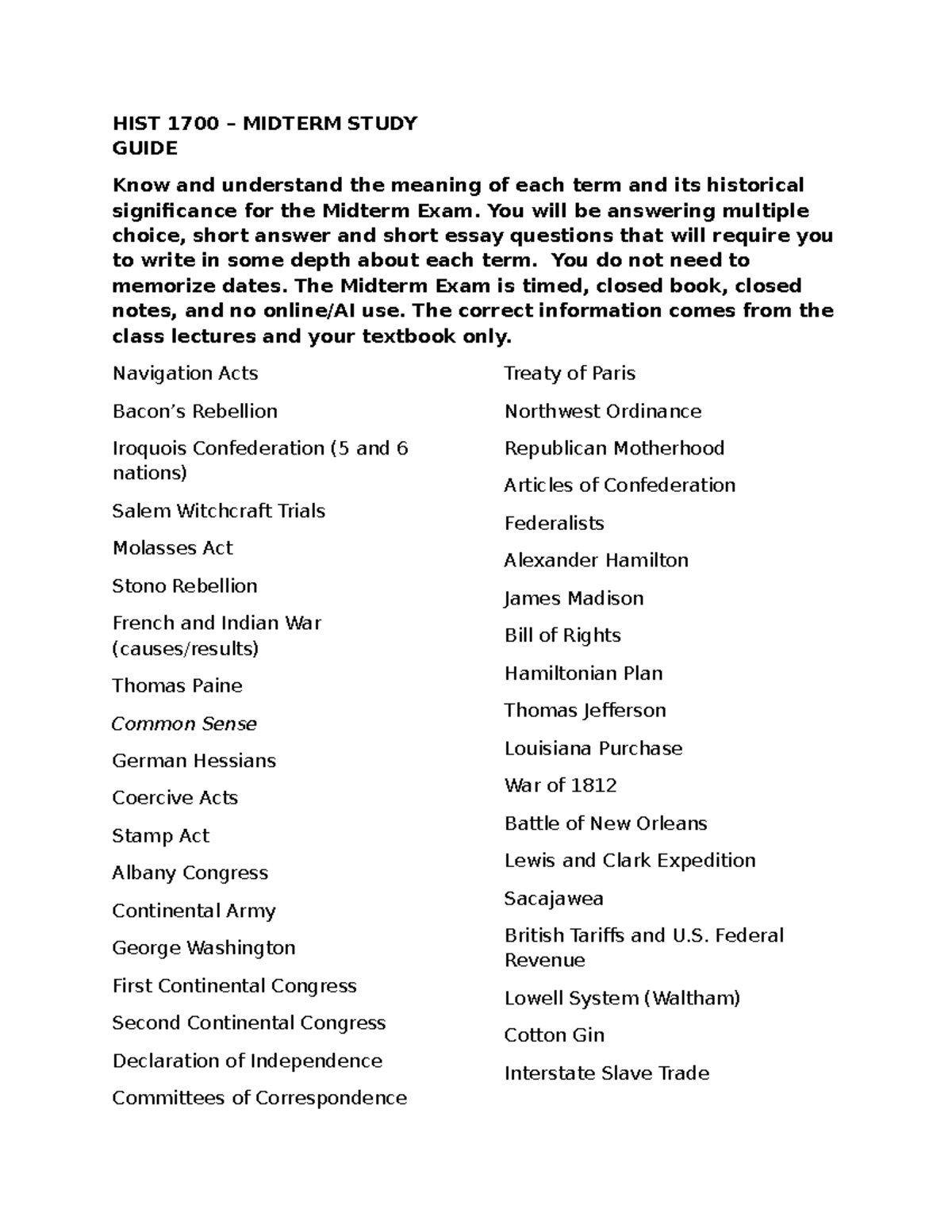 HIST 1700 MIDTERM STUDY GUIDE: Key Historical Terms & Events - Studocu