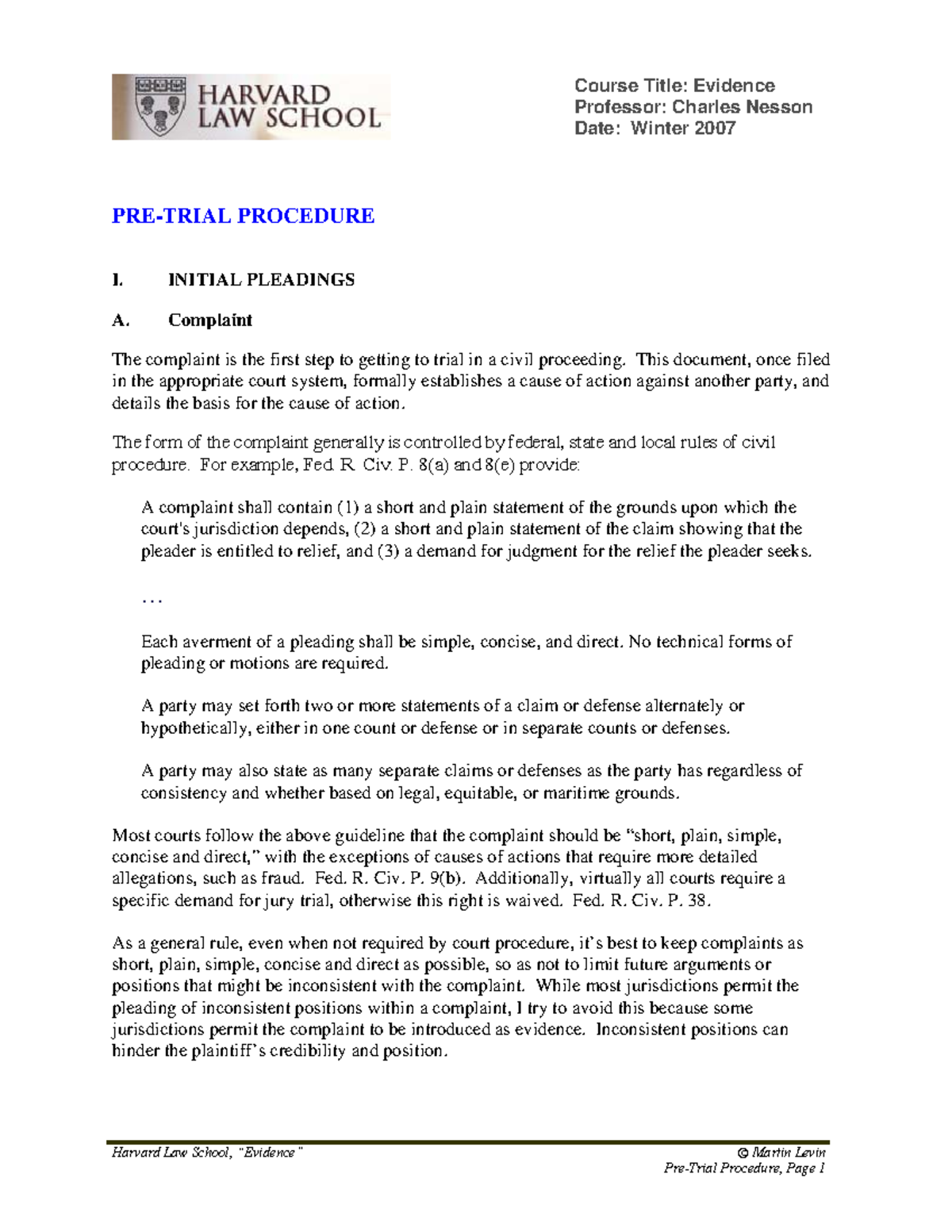 Reading-Pre-Trial Procedures - Professor: Charles Nesson Date: Winter ...