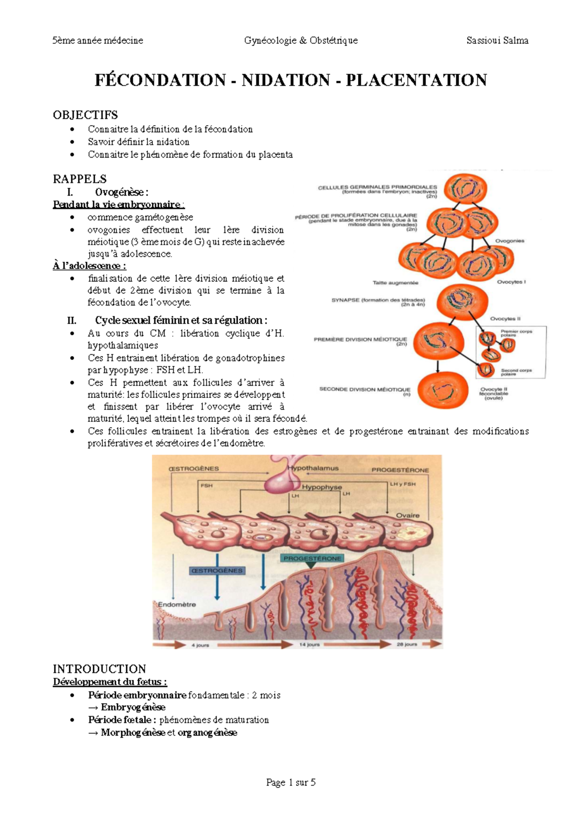 5ème année médecine Gynécologie Obstétrique : Fécondation, Nidation et ...
