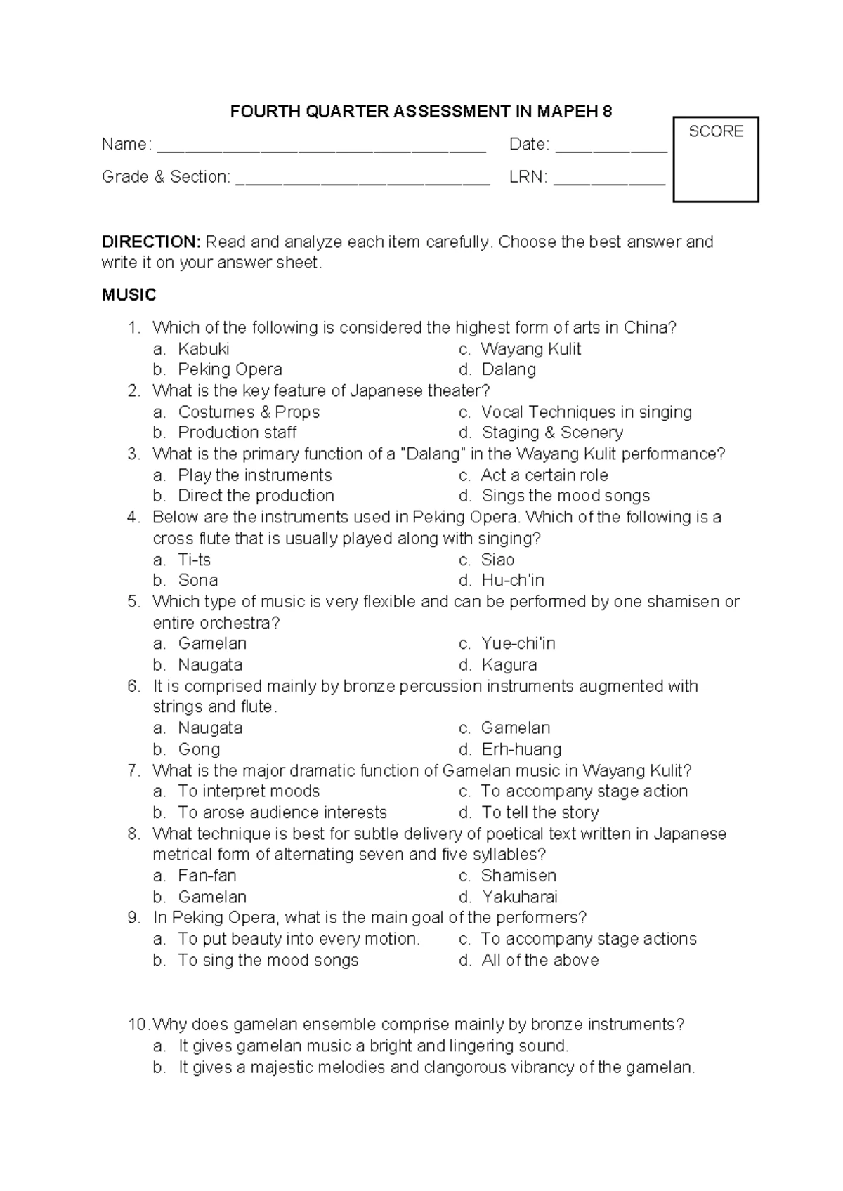 Esp8 4th periodical exam - 4th Quarter Examination in ESP 8 Name ...