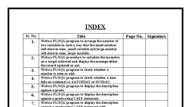 PL SQL Index: Programs for Variable Arrangement & Control Structures ...