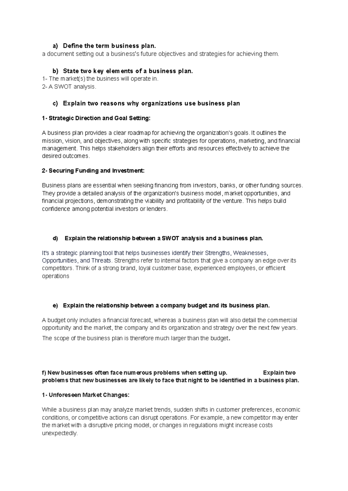 Business Plan Exercises: Key Elements and Strategic Importance - Studocu