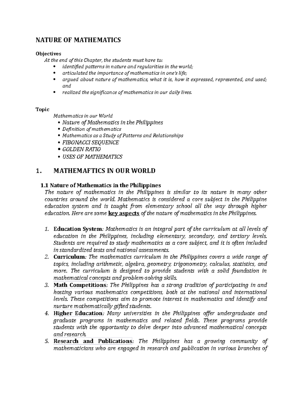 Nature of Mathematics - NATURE OF MATHEMATICS Objectives At the end of ...