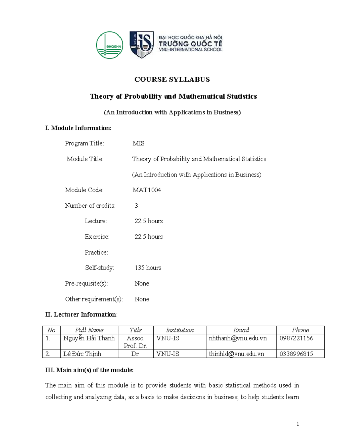 Syllabus for MAT1004: Theory of Probability & Mathematical Statistics ...