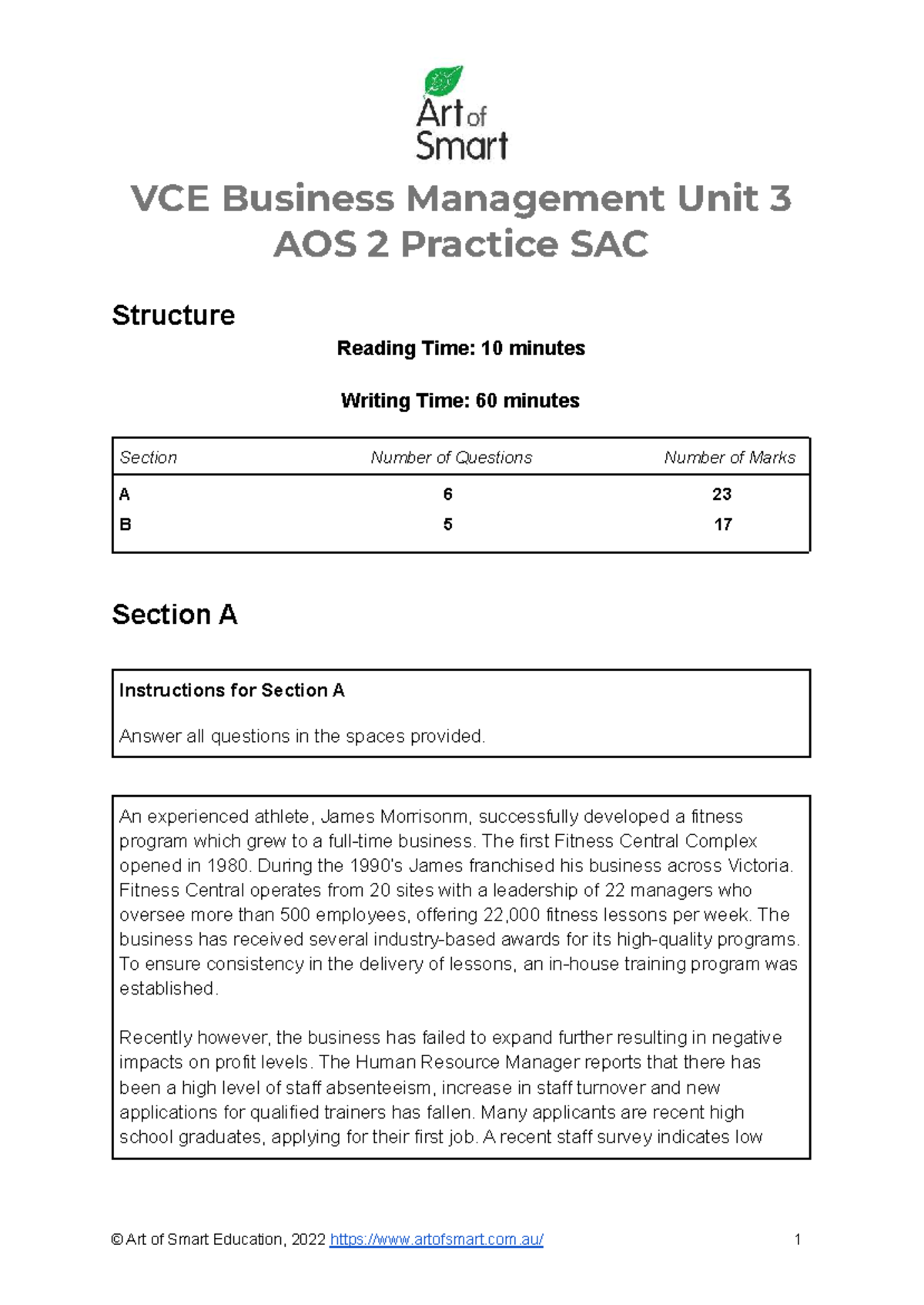 VCE Business Management Unit 3 AOS 2 Practice SAC Art of Smart ...