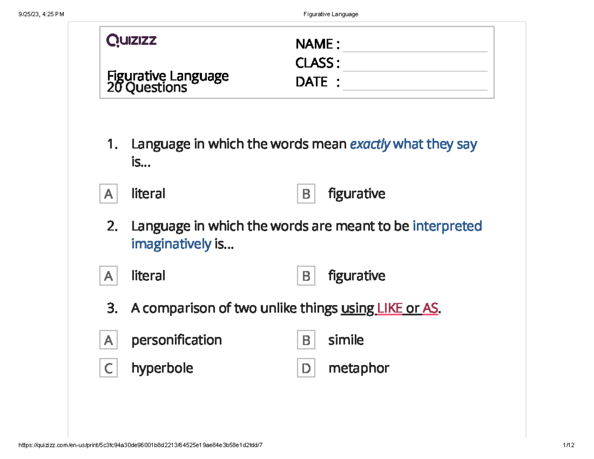 Quizizz - Exploring 20 Questions on Figurative Language - Studocu