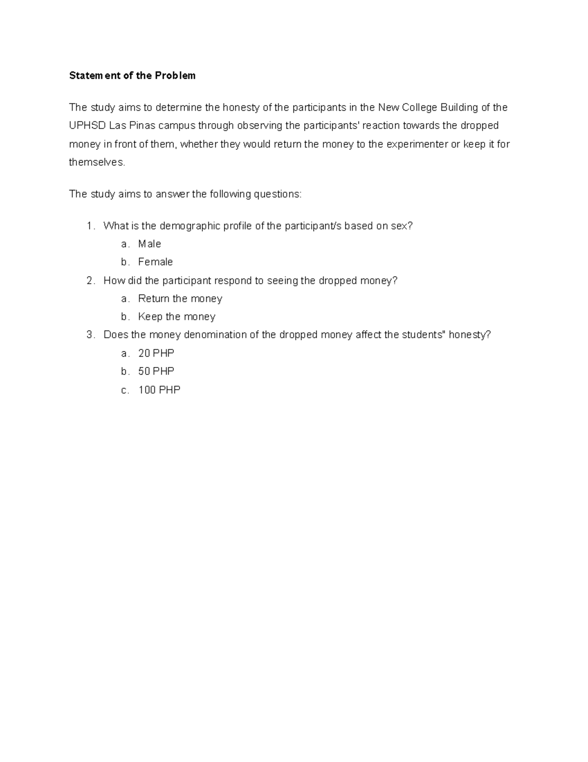 SOP Research Design: Honesty Study at UPHSD Las Pinas Campus - Studocu