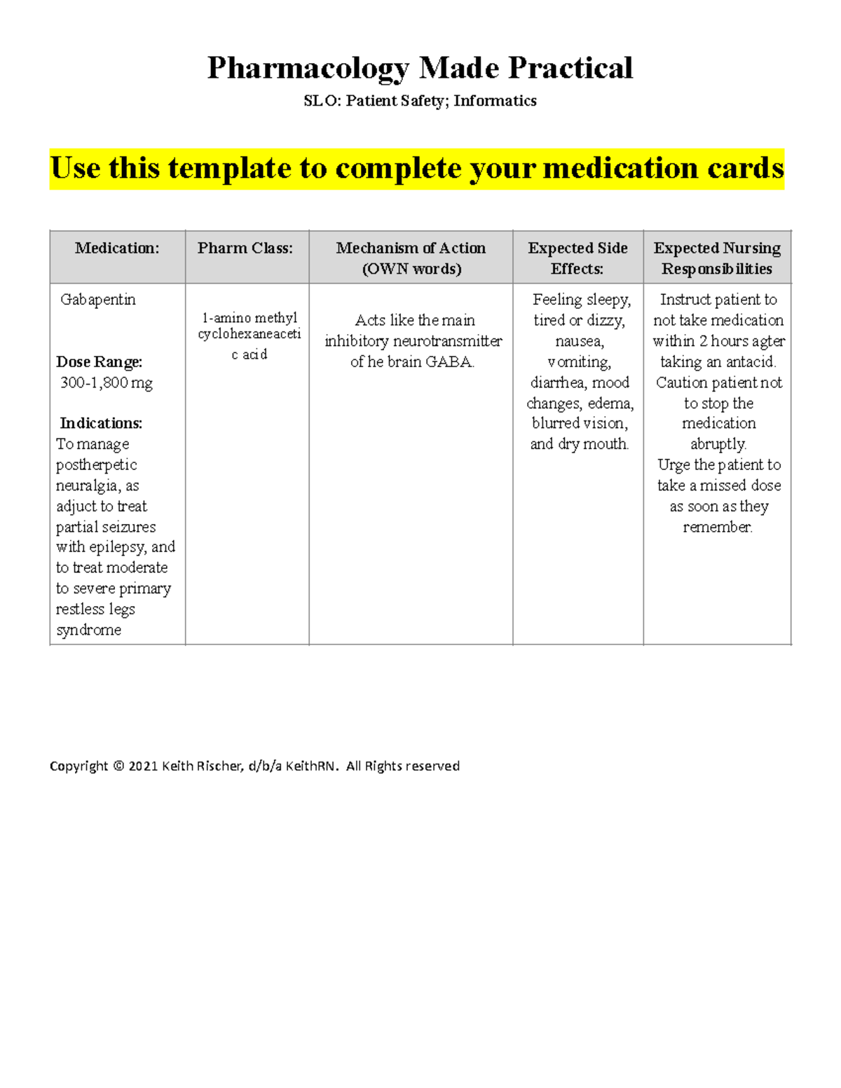 Gabapentin Medication Card - Key Info and Nursing Guidelines - Studocu