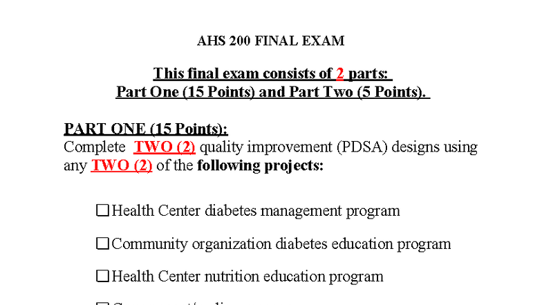 AHS 200 Fall 2025 Final Exam: PDSA Design & Reflection - Studocu