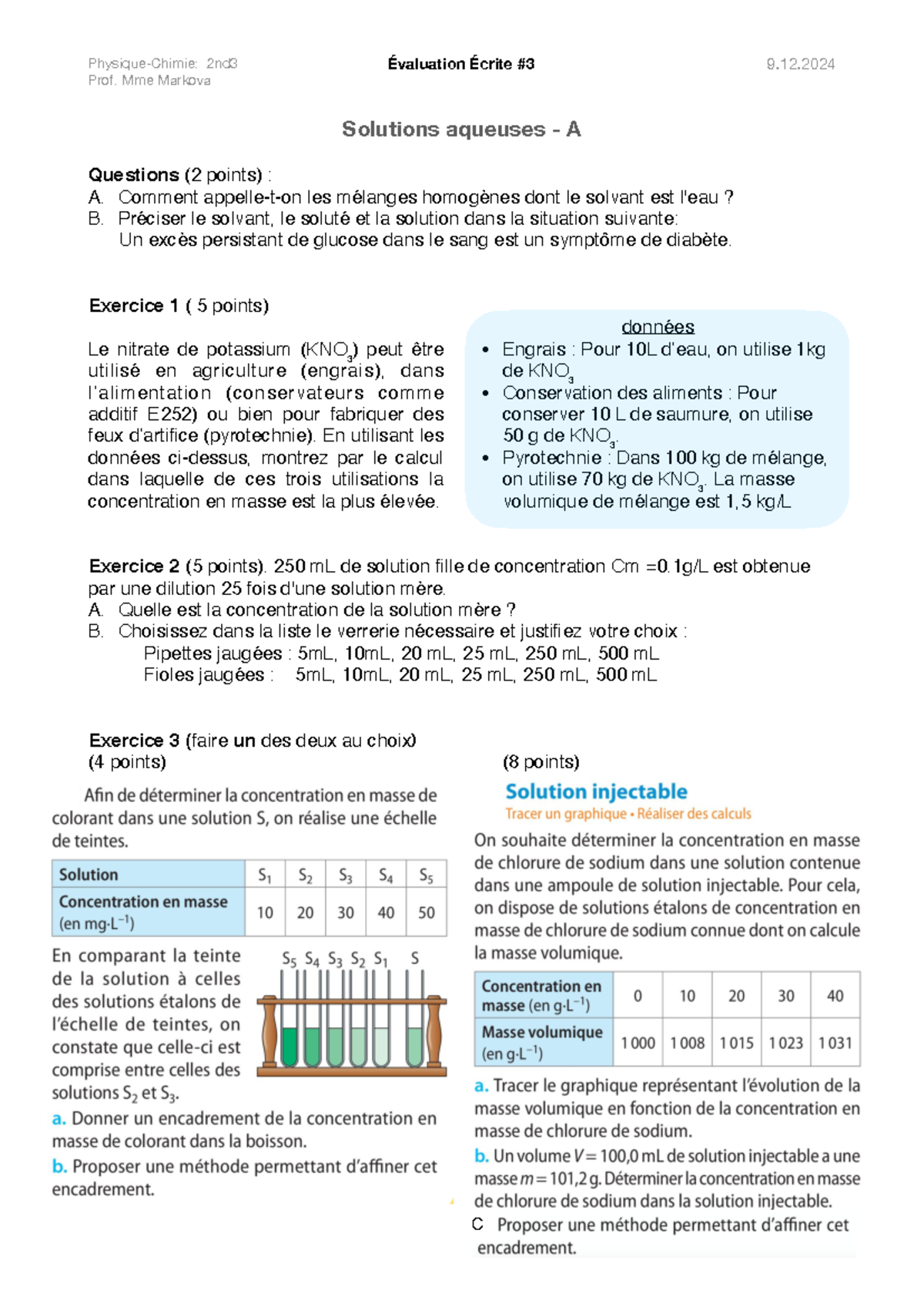 Évaluation Écrite #3: Solutions Aqueuses - Physique-Chimie 2e année - Studocu