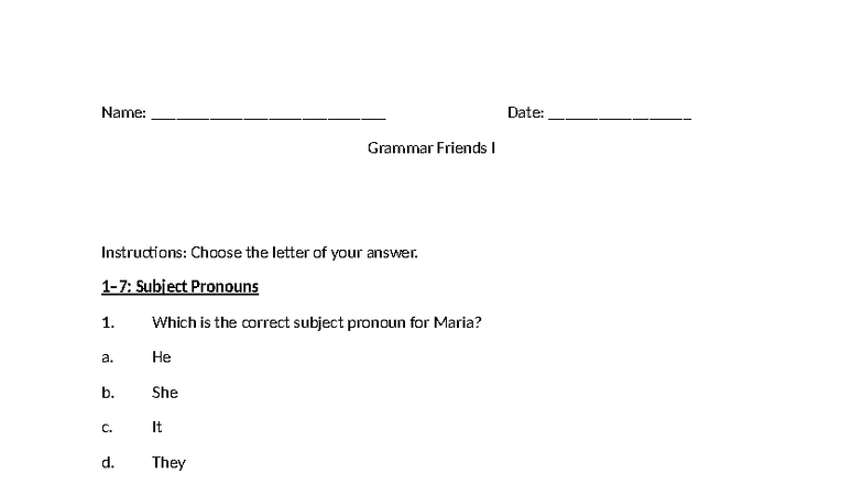 Eva Grammar Friends I Final Quiz on Subject Pronouns and Verbs - Studocu