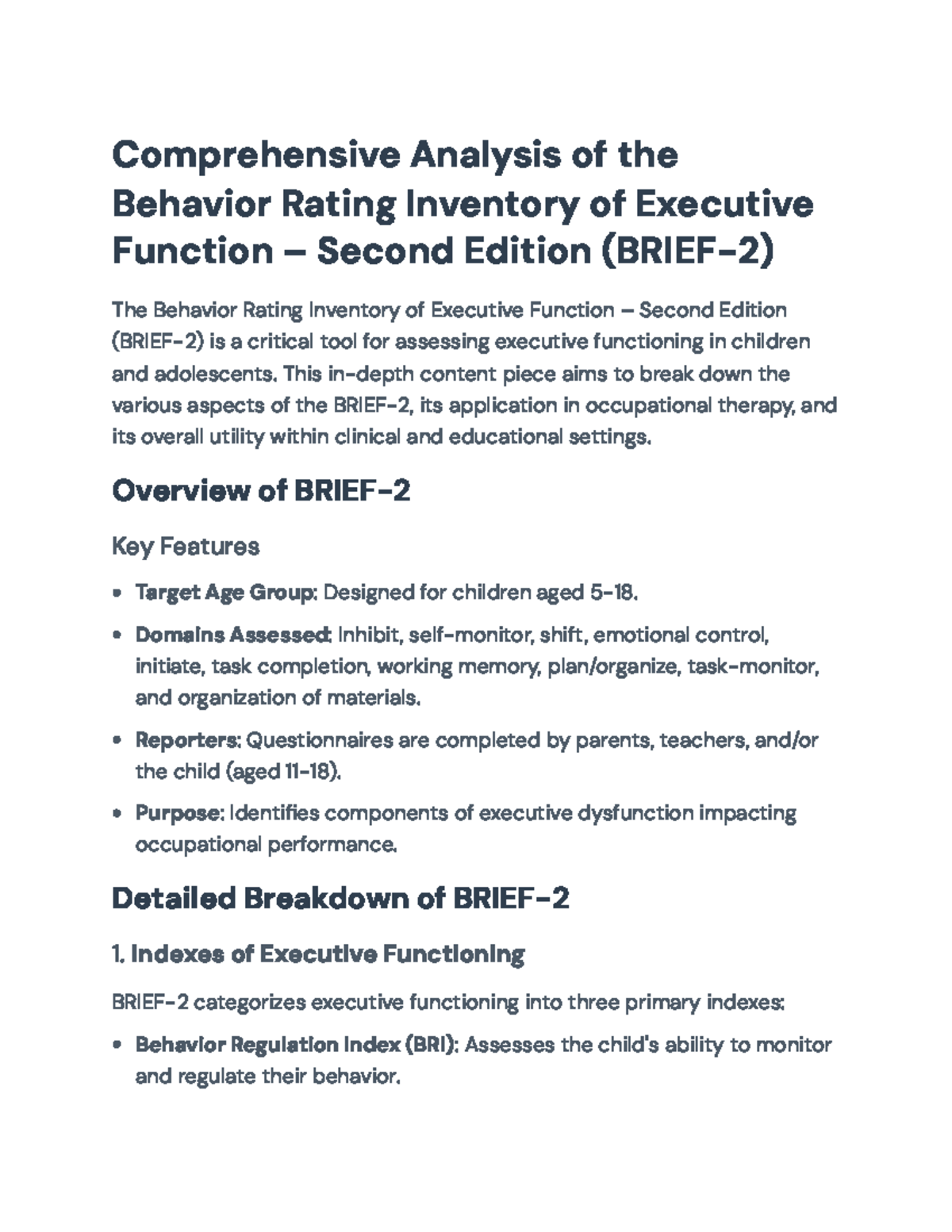 Comprehensive Review of BRIEF-2: Exec Functioning in Youth - Studocu