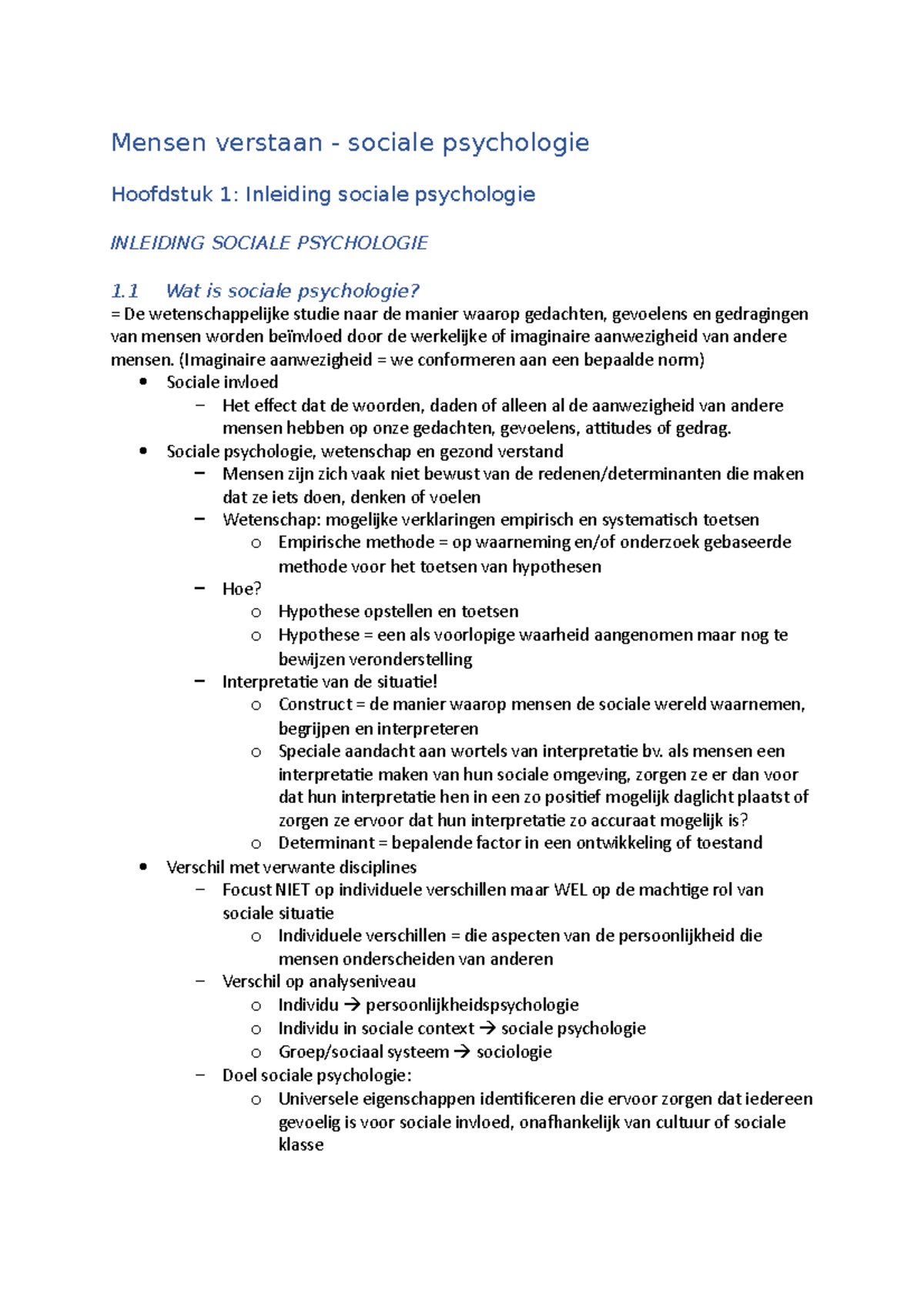 Sociaal Psychologie Hoofdstukken 1-3: Inzicht in Menselijk Gedrag en Dissonantie - Studocu