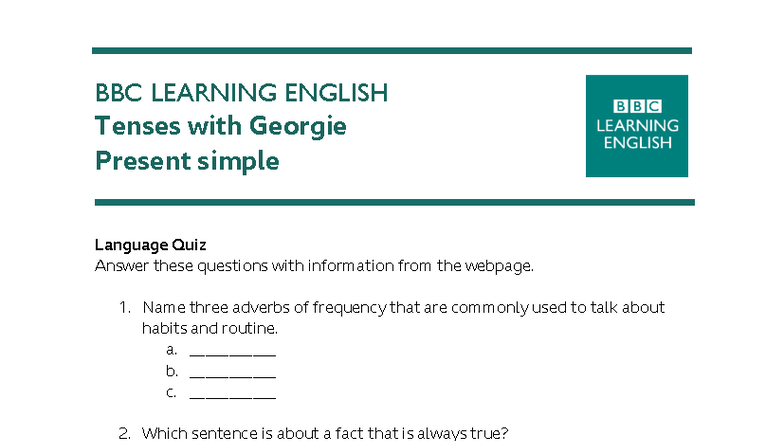 TWG Present Simple Language Quiz Worksheet - Studocu