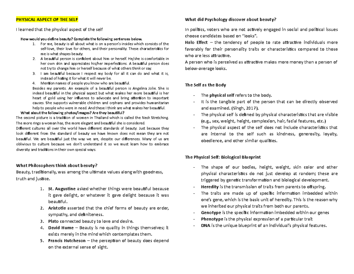 Physical Aspect OF THE SELF - PHYSICAL ASPECT OF THE SELF I learned ...