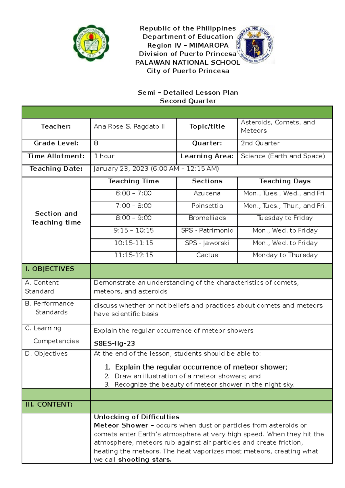 Lesson Plan for Science 8 (Q2 - W8) on Asteroids, Comets, & Meteors - Studocu