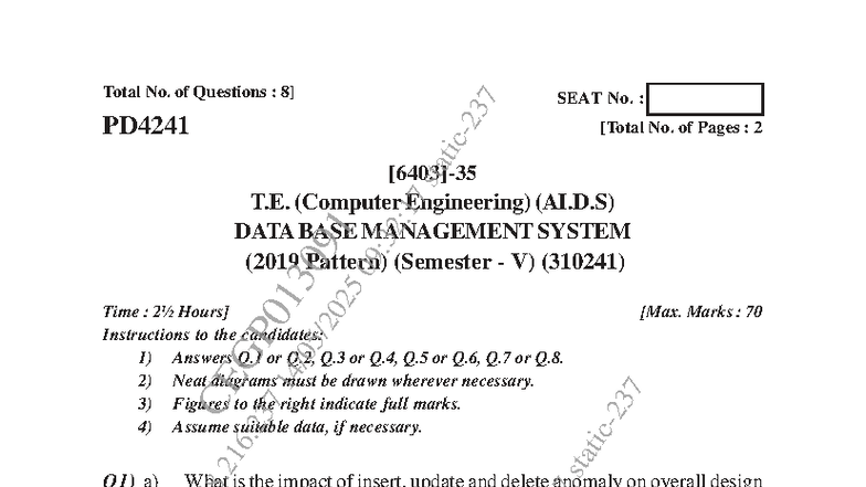 DBMS May-Jun 2025 PYQ (310241) - Database Management System Exam - Studocu