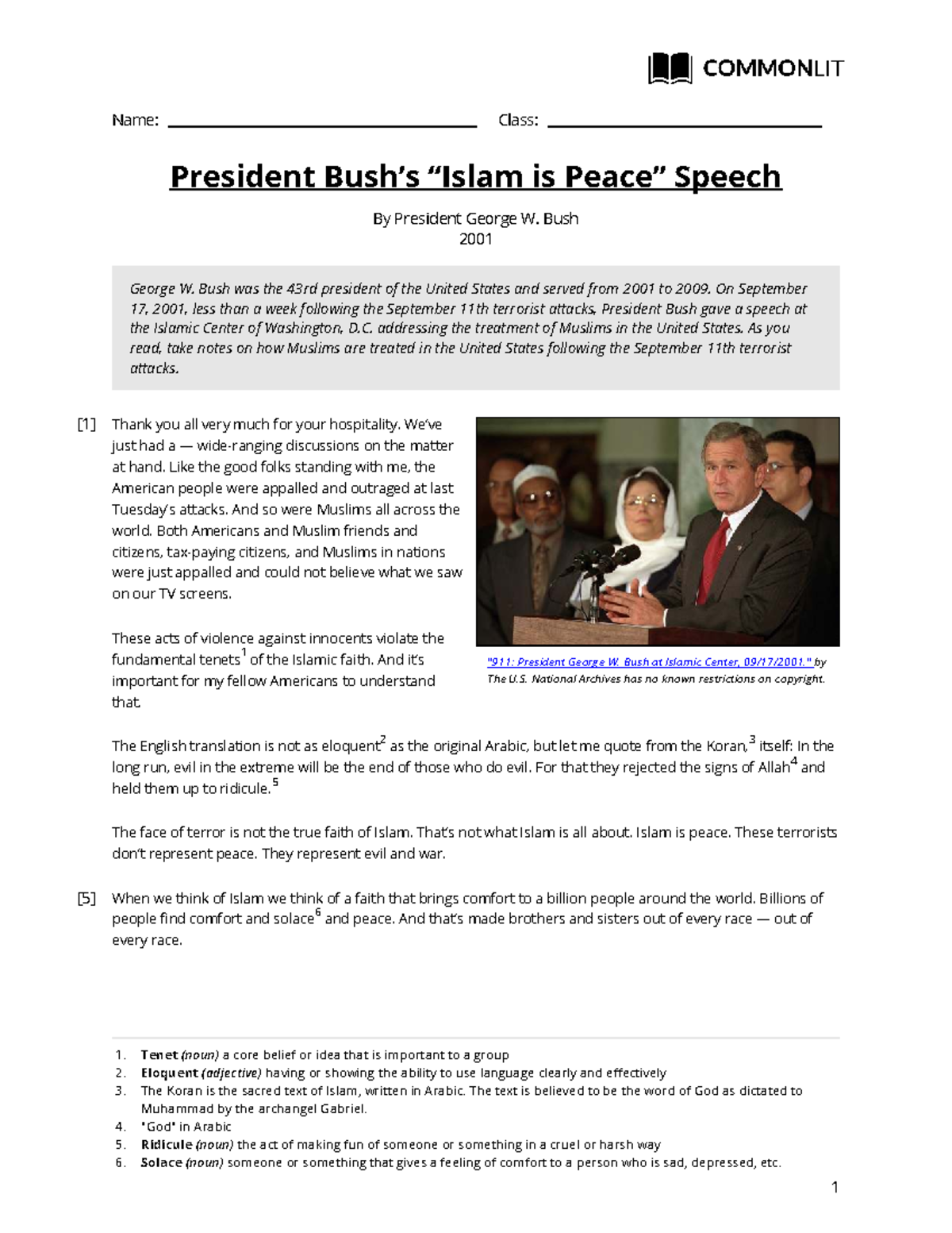 Commonlit - President Bush's "Islam is Peace" Speech Analysis - Studocu