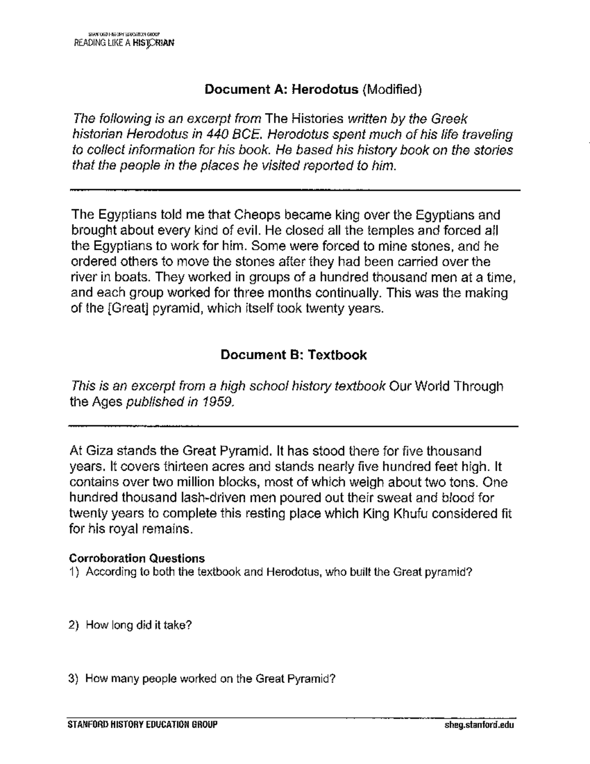 STANFORD HISTORY EDUCATION GROUP READING LIKE A HISTORIAN: Pyramids ...