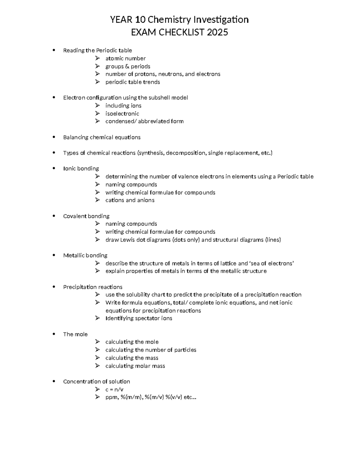 YEAR 10 Chemistry Investigation Exam Checklist 2025 - Studocu