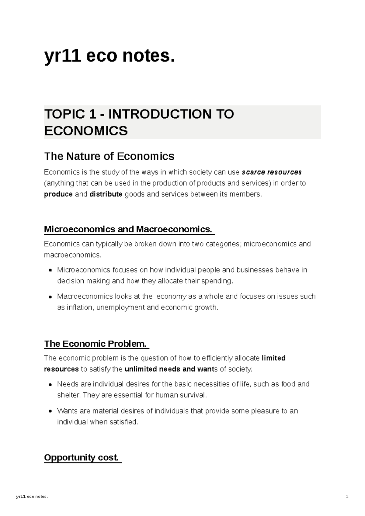 Yr11 Eco Study Notes: Topics 1 & 2 - Introduction to Economics - Studocu