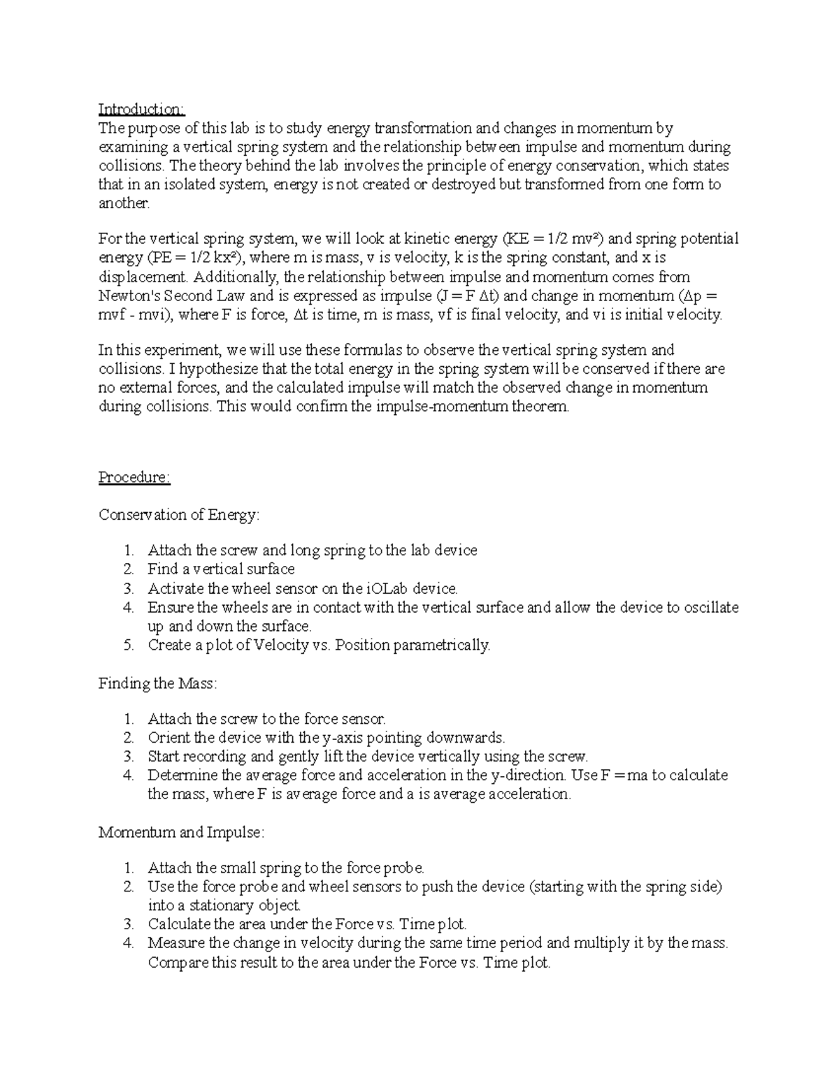 Summer Phy 133 - Lab 6: Exploring Momentum and Energy Transformation ...