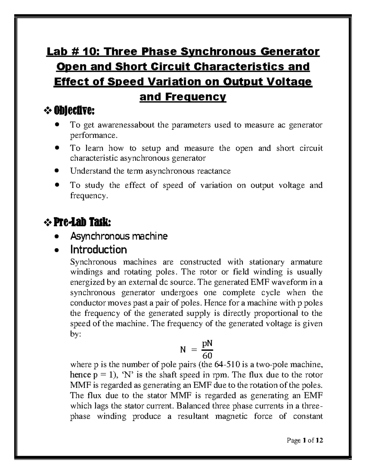 Lab 10: Three Phase Synchronous Generator Characteristics & Speed ...