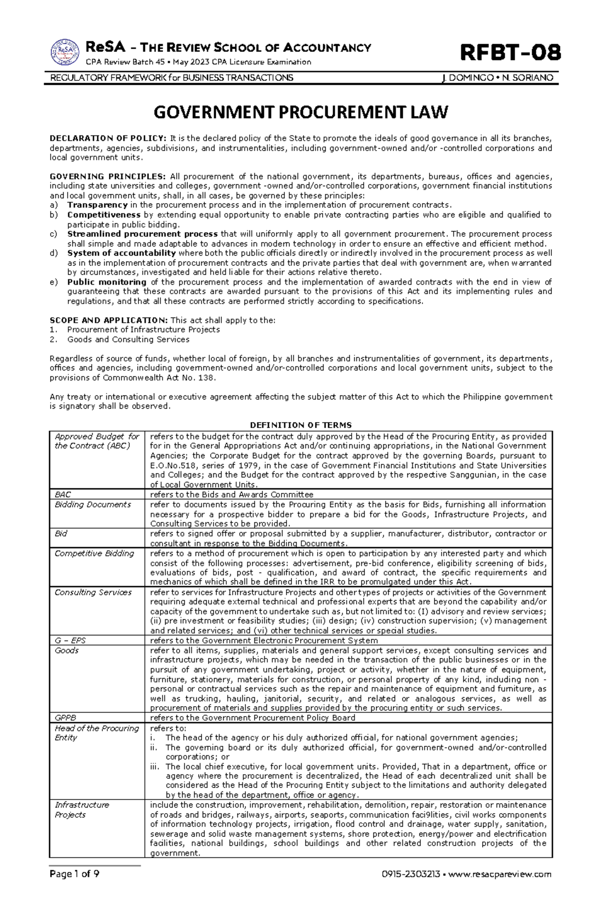 RFBT-08 Government Procurement Law: Key Principles and Procedures - Studocu