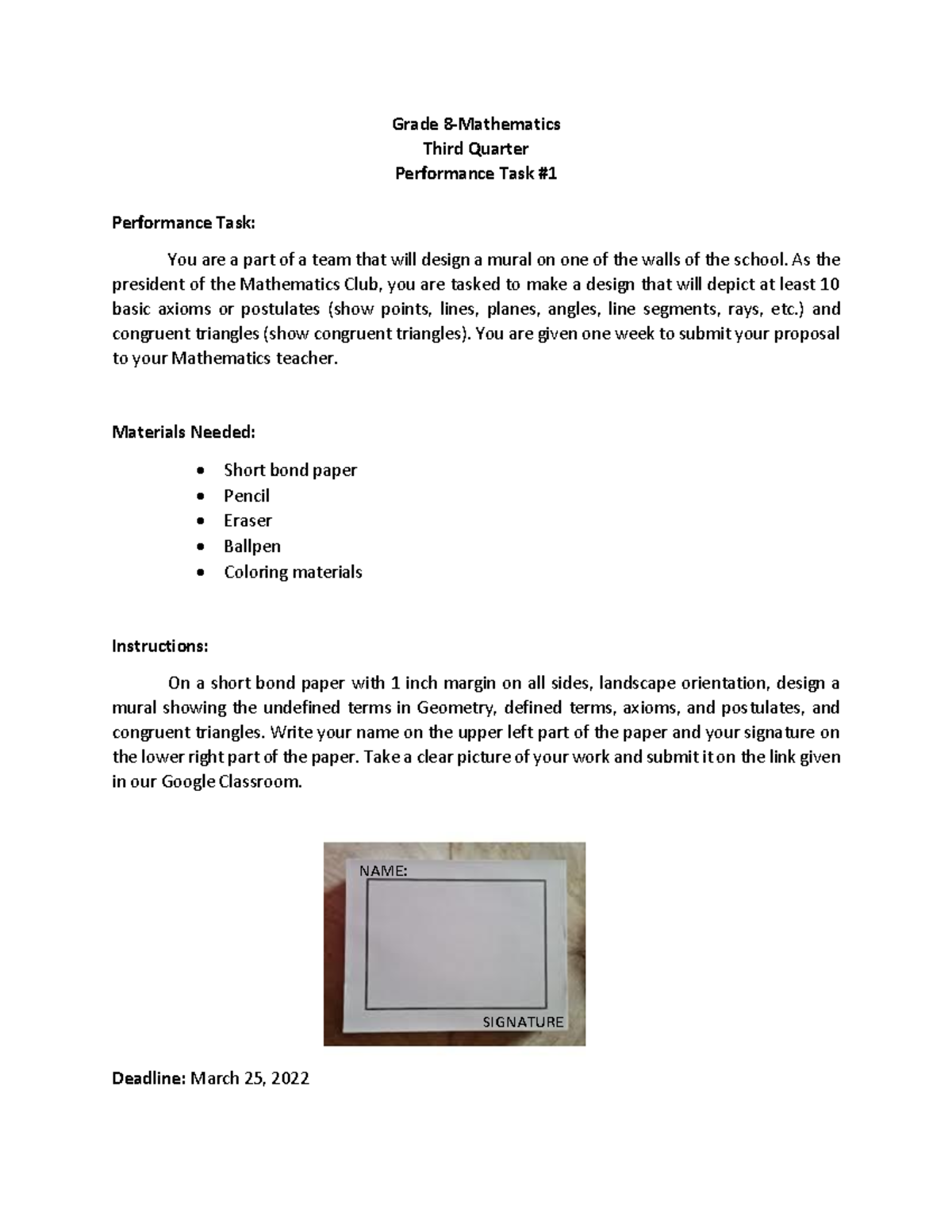 Grade 8 Performance Task No - Grade Third Quarter Performance Task Performance Task: You are a ...